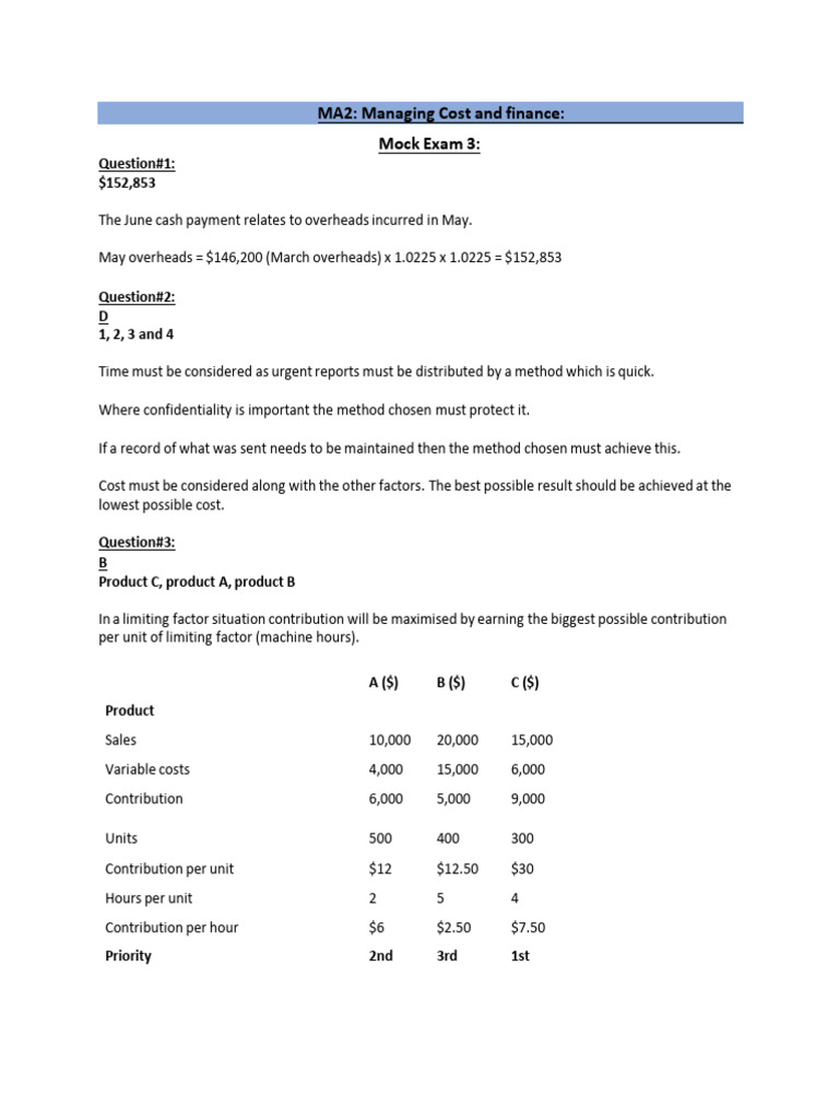 Ma2 Mock Exam 3 Answers | PDF | Profit (Economics) | Inventory