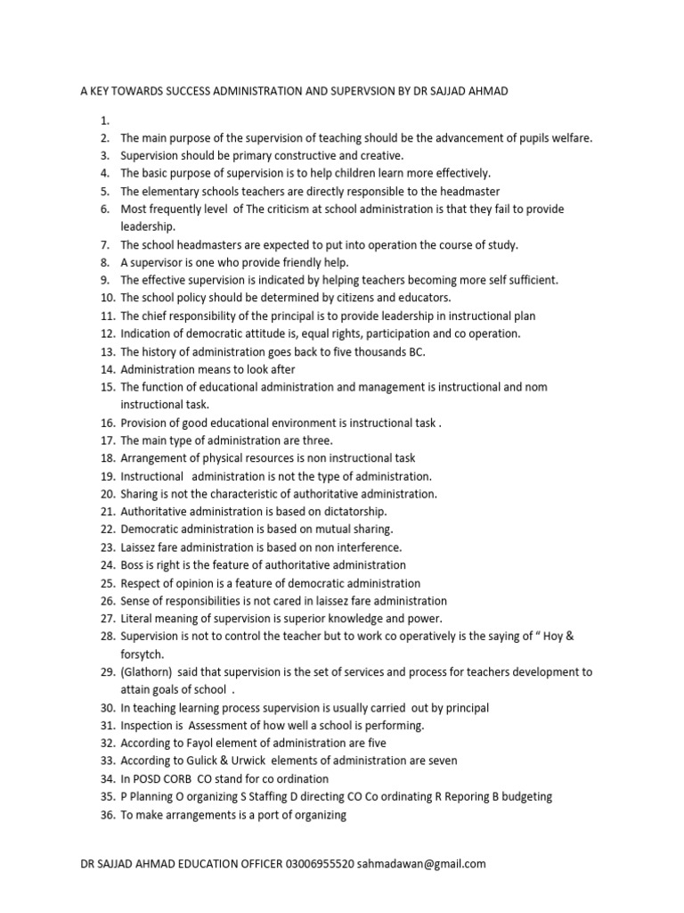 A Key For Adm& Sup by DR Sajjad A | PDF | Teachers | Schools