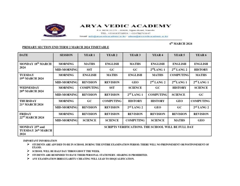 End Term 2 March 2024 Examination Timetable Final | PDF | Science ...