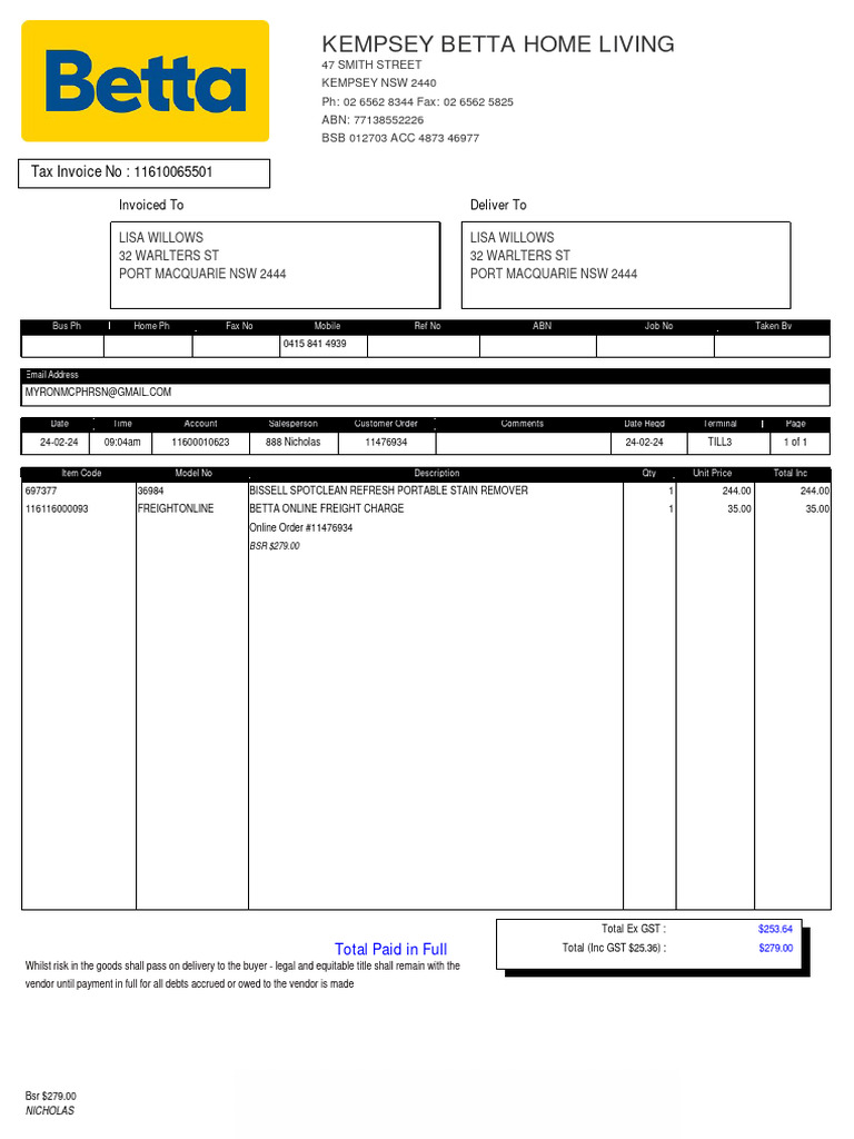 KEMPSEY BETTA HOME LIVING-BISSELL SPOTCLEAN REFRESH PORTABLE STAIN REMOVER-BETTA ONLINE FREIGHT ...