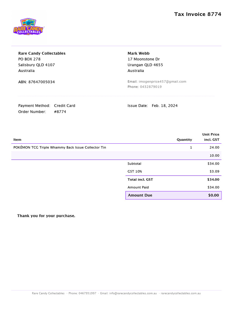 Tax Invoice for Pokémon Collector Tin | PDF