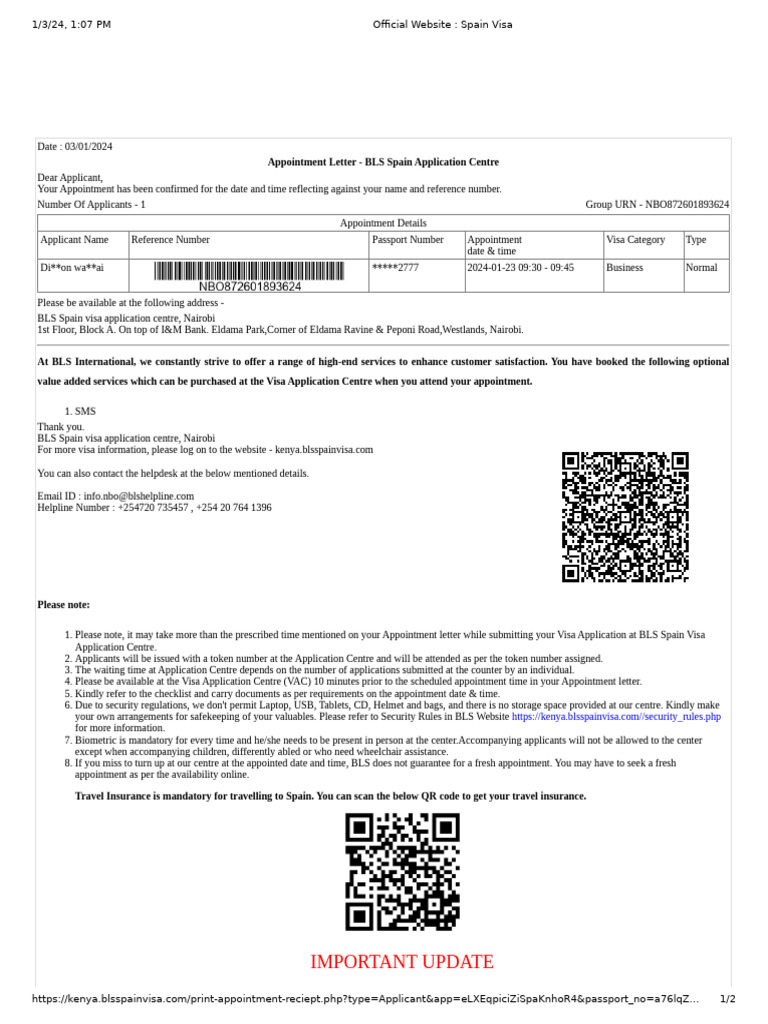 Spain Visa Appointment Confirmation | PDF | Visa Inc.