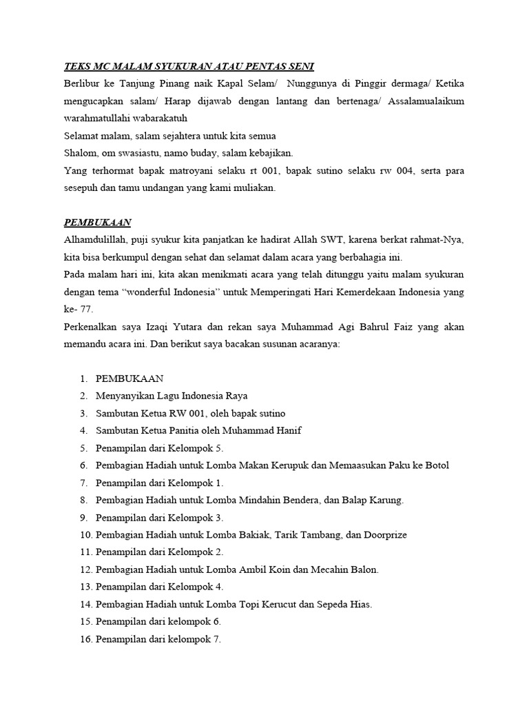 Teks MC Malam Syukuran Atau Pentas Seni | PDF
