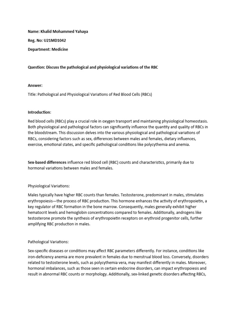 Assignment 1 C | PDF | Anemia | Red Blood Cell