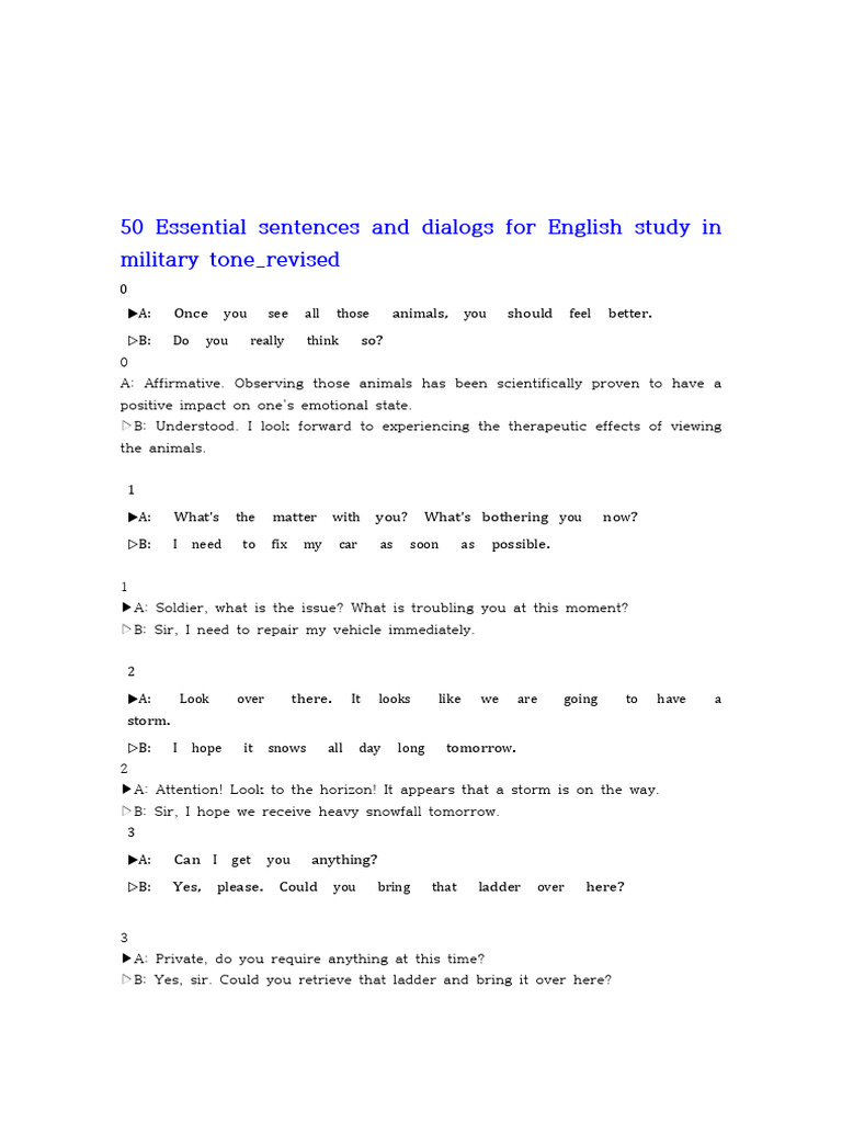 50 Essential Sentences and Dialogs For English Study in Military Tone ...