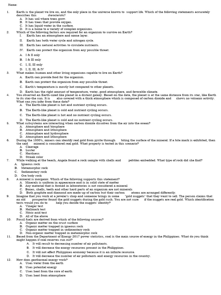 (Earth Science) Diagnostic Test | PDF | Plate Tectonics | Rock (Geology)