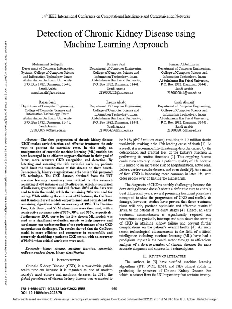 Detection of Chronic Kidney Disease Using Machine Learning Approach ...