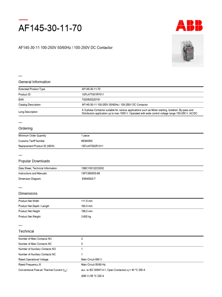 1SFL477001R7011 Af145 30 11 100 250v 50 60hz 100 250v DC Contactor | PDF | Inductor | Metrology