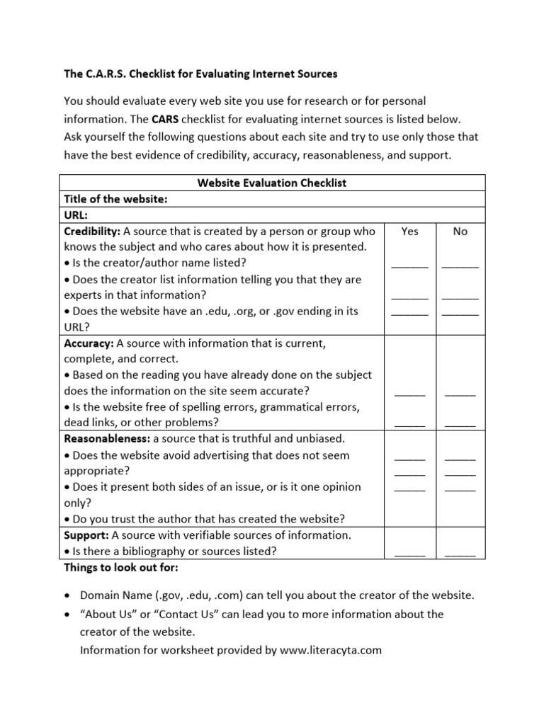 Cars Website Evaluation Checklist | PDF