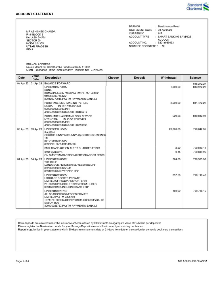 Account Statement: Date Value Date Description Cheque Deposit Withdrawal Balance | PDF | Cheque ...
