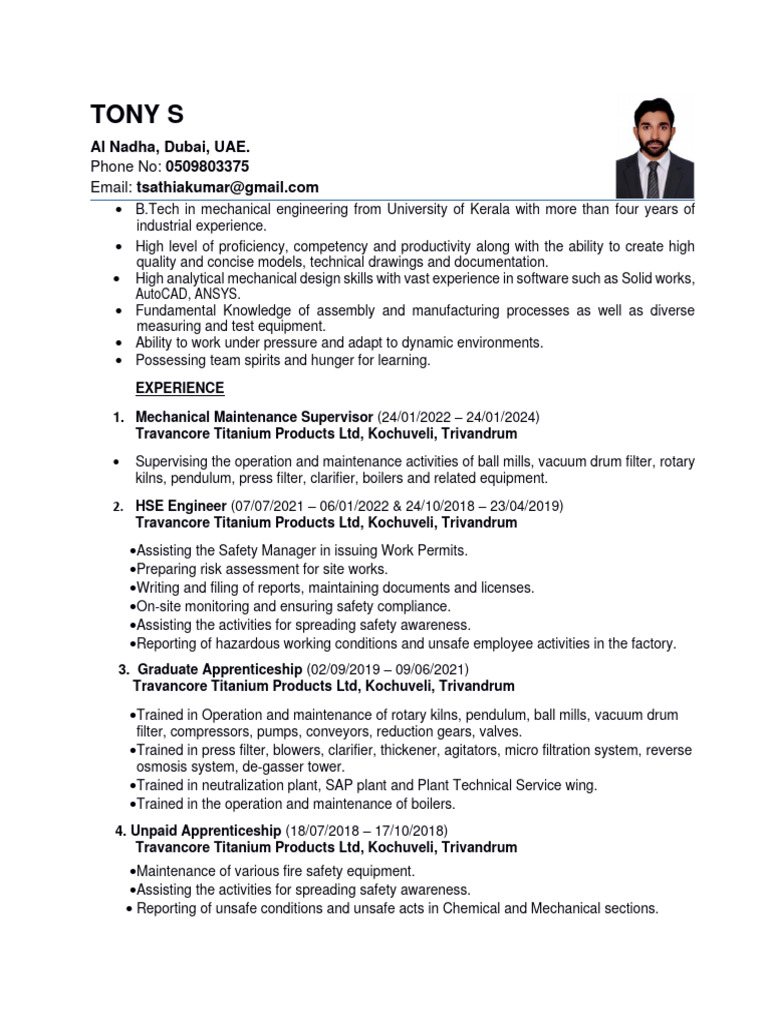 CV Tony | PDF | Filtration | Safety