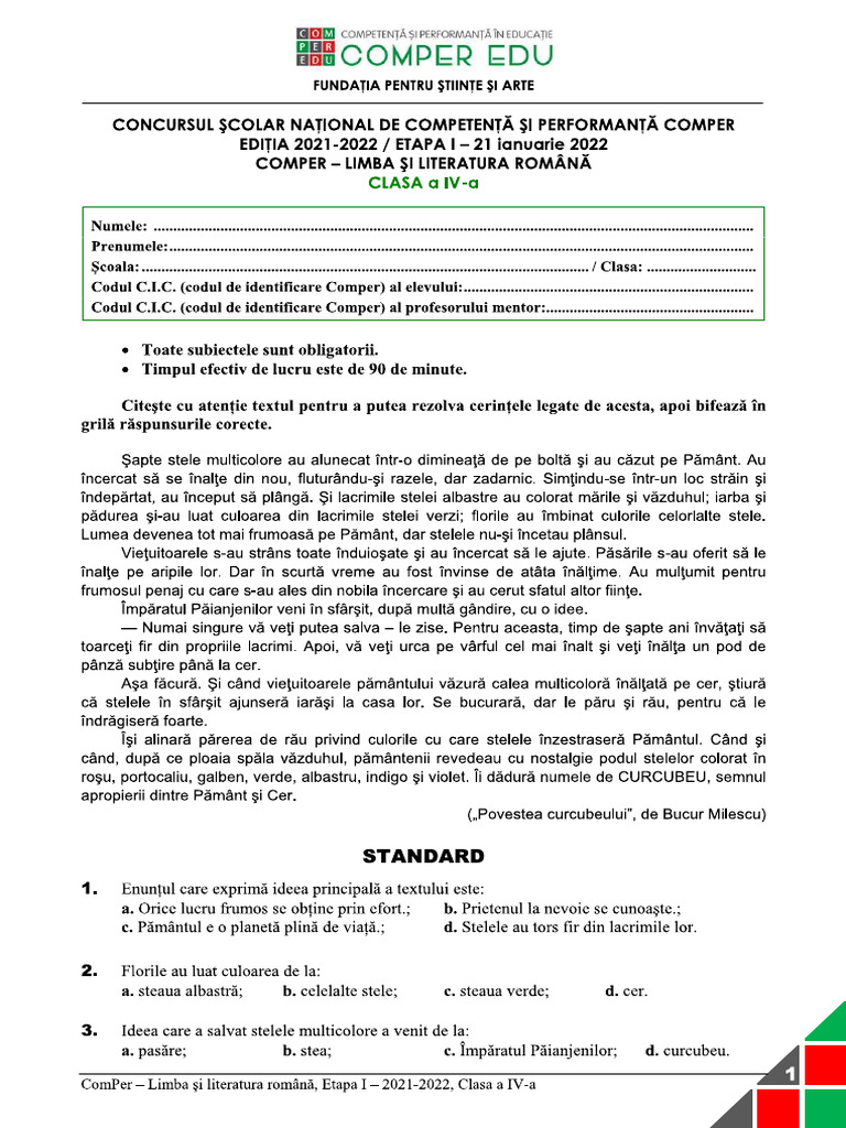 Subiect Comper Romana EtapaI 2021 2022 ClasaIV | PDF