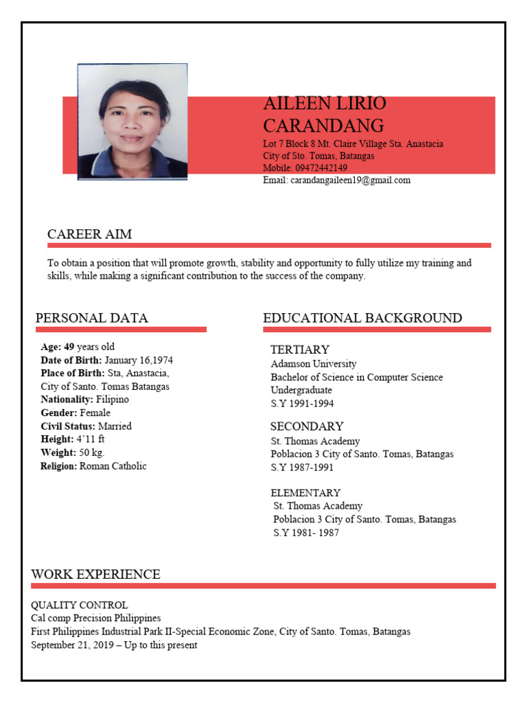 CARANDANG-Aileen-L. RESUME | PDF | Philippines