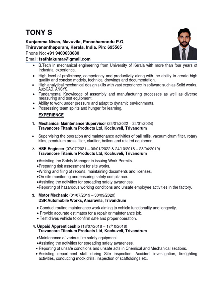 Tony CV | PDF | Safety | Mechanical Engineering