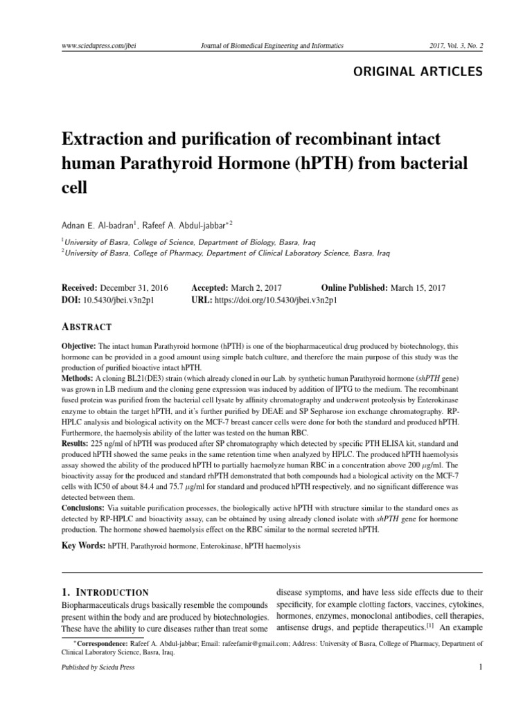 Extraction and Purification of Recombinant Intact HPTH From Bacterial ...