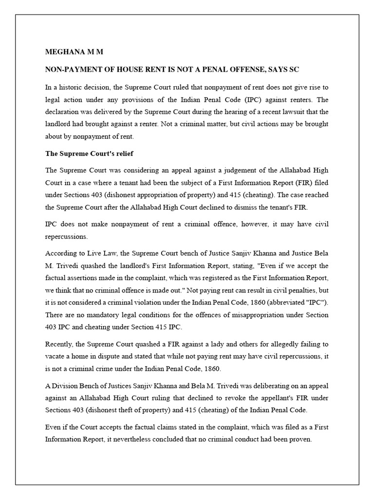 Non-Payment of House Rent Is Not A Penal Offense, Says SC | PDF ...