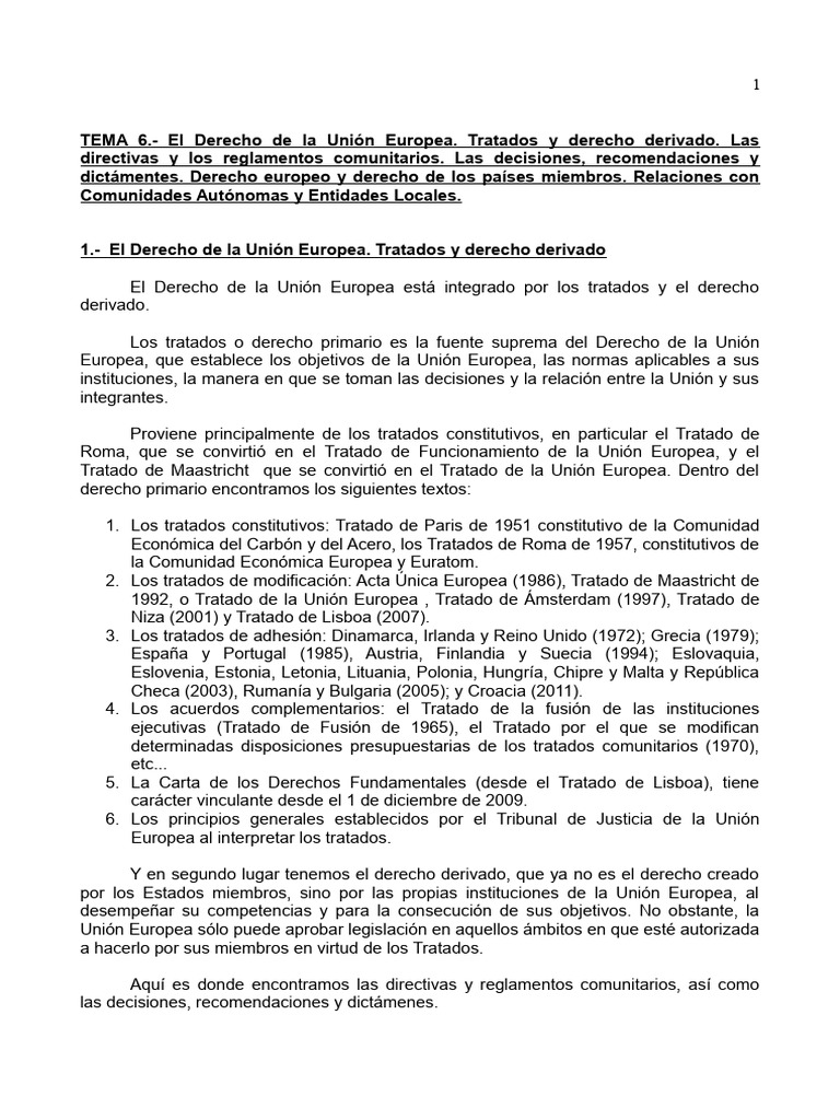 Tema 6. El Derecho de la Unión Europea | PDF | Ley de la Unión Europea | Directiva (Unión Europea)