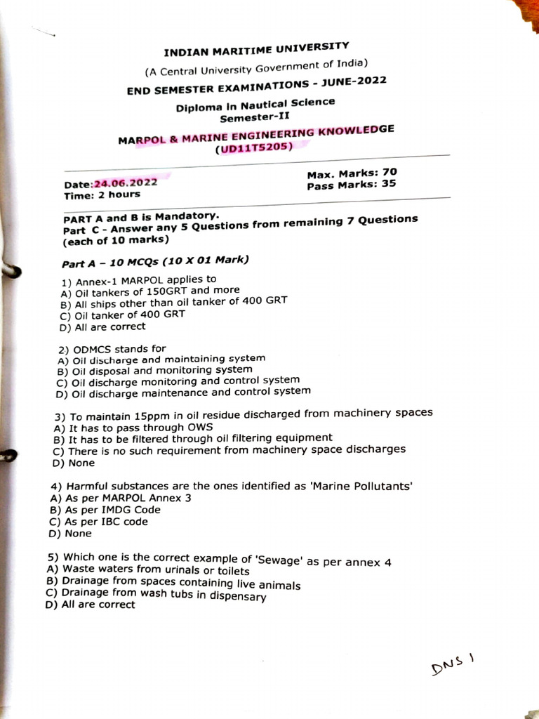 MARPOL & Marine Engineering Exam Guide | PDF | Pump | Engines