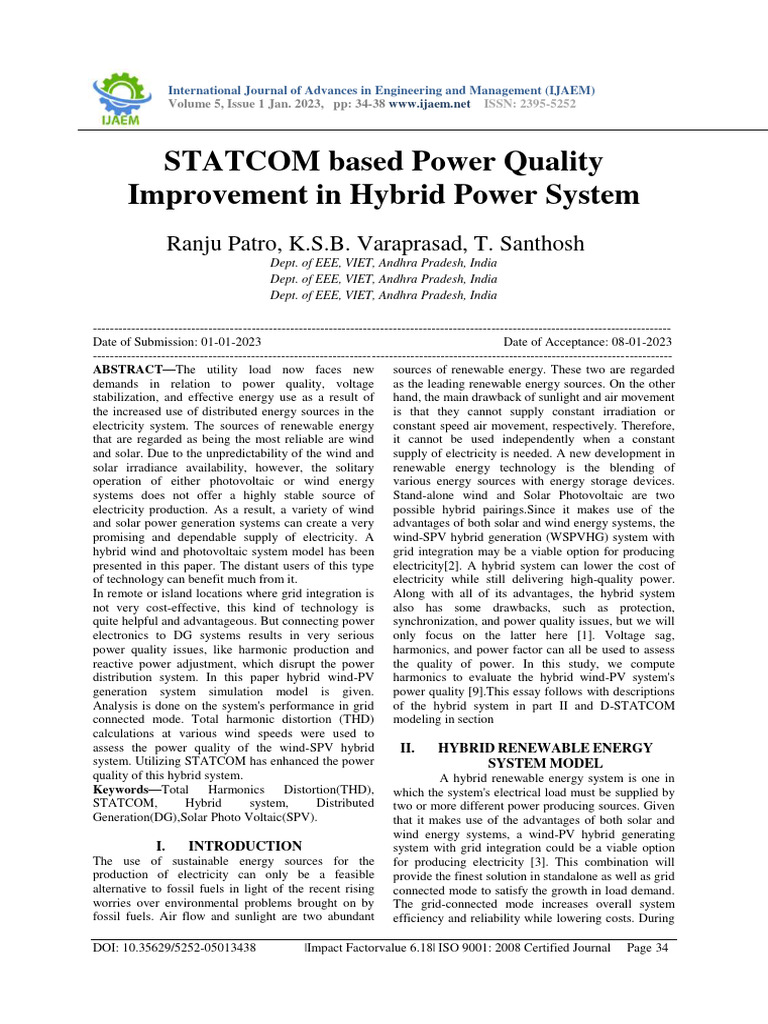 STATCOM Based Power Quality Improvement in Hybrid Power System | PDF ...