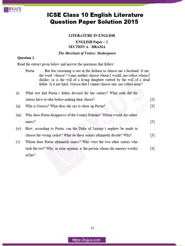 ICSE-Class-10-English-Literature-Question-Paper-Solution-2015 | PDF ...