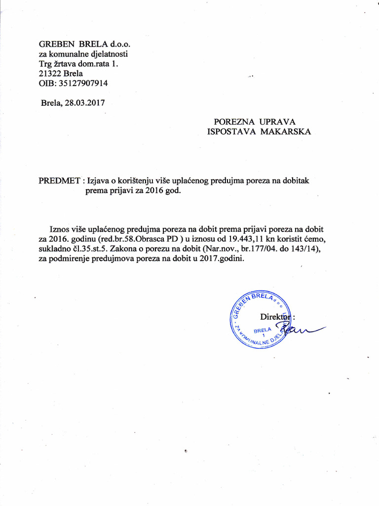 Izjava o Korištenju Više Uplačenog Predujma Poreza | PDF