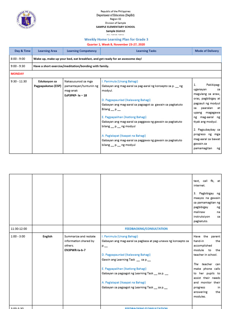 Grade 3 - All Subjects - WHLP - Q1 - W8 | PDF