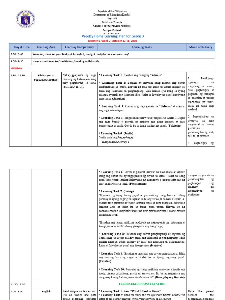 GRADE 3_ALL SUBJECTS_WHLP_Q1_W2 | PDF