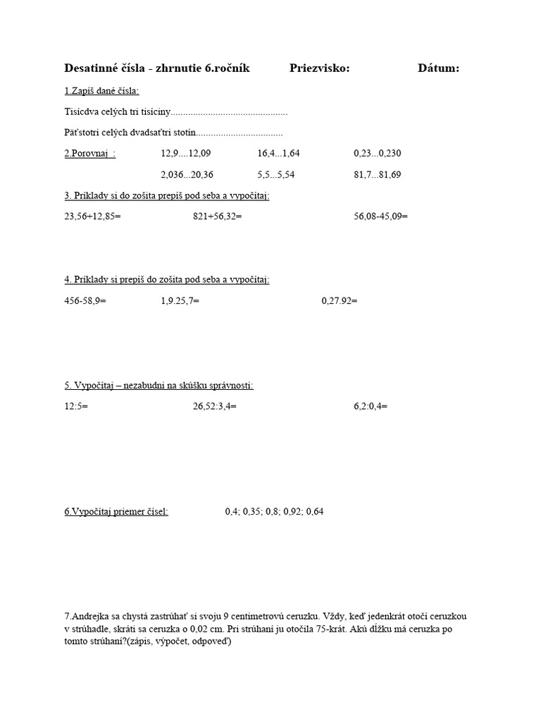 Desatinné Čísla Písomky Zhrnutie 6.ročník | PDF
