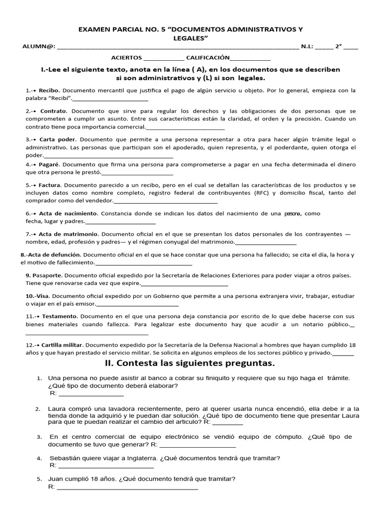 Examen Parcial No 5 Documentos Administrativos y Legales | PDF | Factura