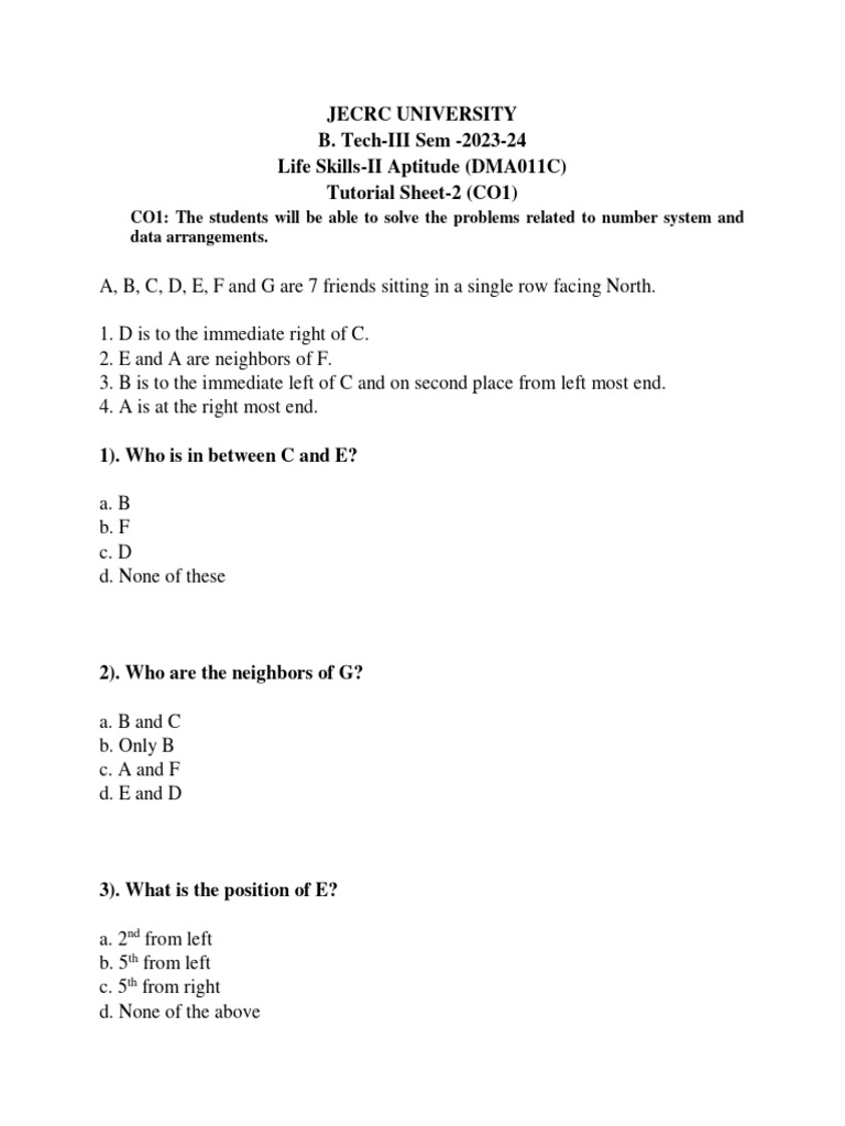 Life skills-II (Aptitude) Tutorial Sheet-2 WITHOUT Answers | PDF