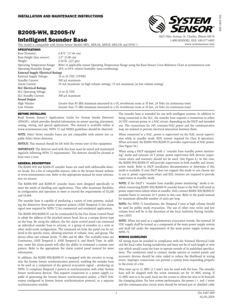 B200S-WH Sounder Base Manual | PDF | Equipment | Electrical Components
