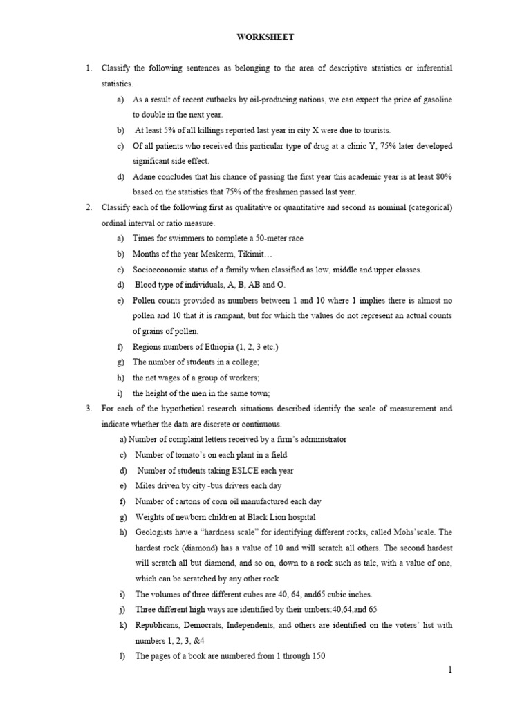 Worksheet | Download Free PDF | Statistics | Variance