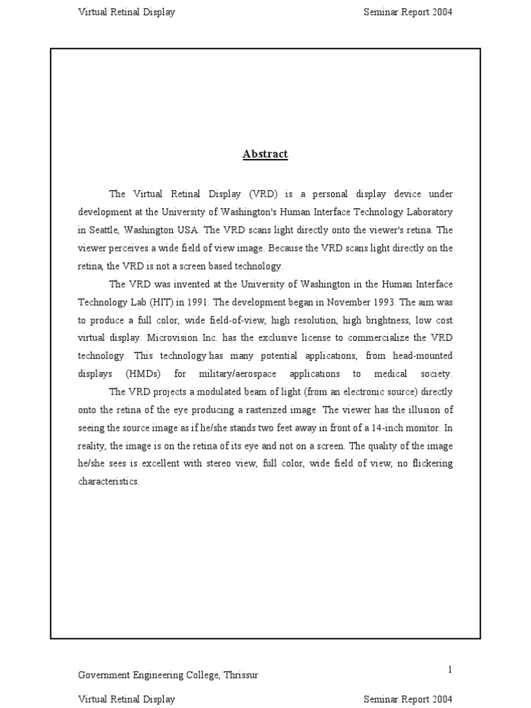 Virtual Retinal Display Seminar Report | PDF | Retina | Stereoscopy