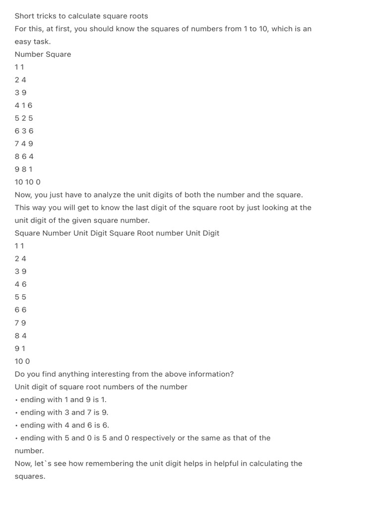 Short Tricks To Calculate Square Roots | PDF | Numbers | Mathematics Short Tricks To Calculate Square Roots | PDF | Numbers | Mathematics