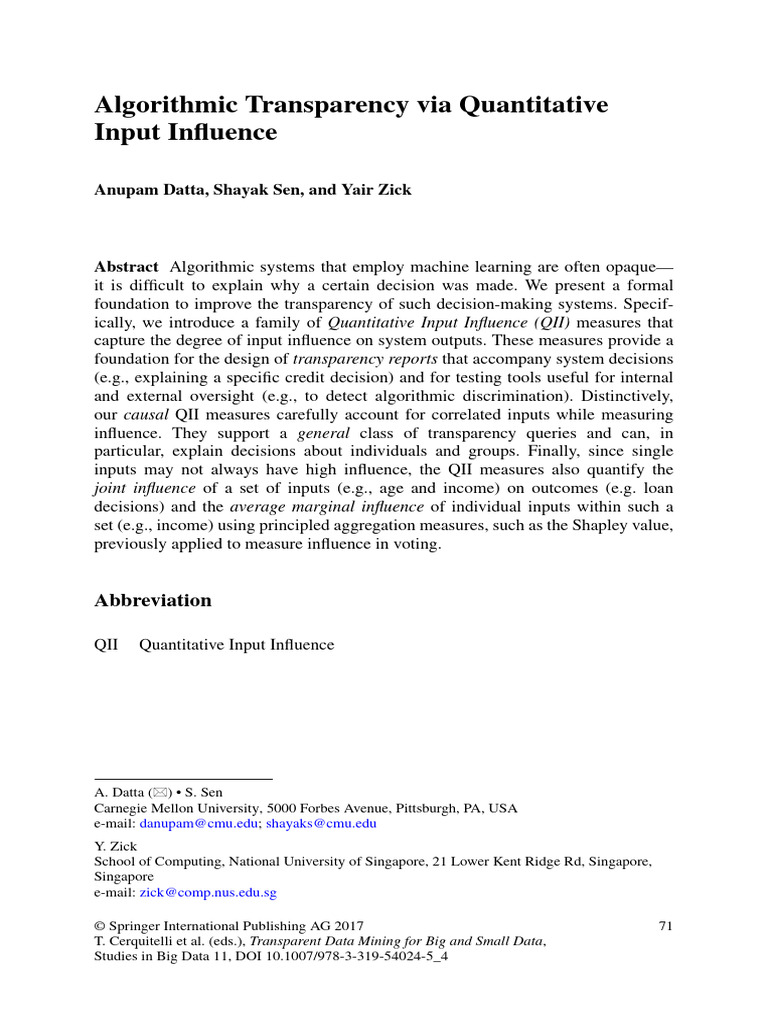 Algorithmic Transparency Via Quantitative Input Influence | PDF | Probability Distribution ...