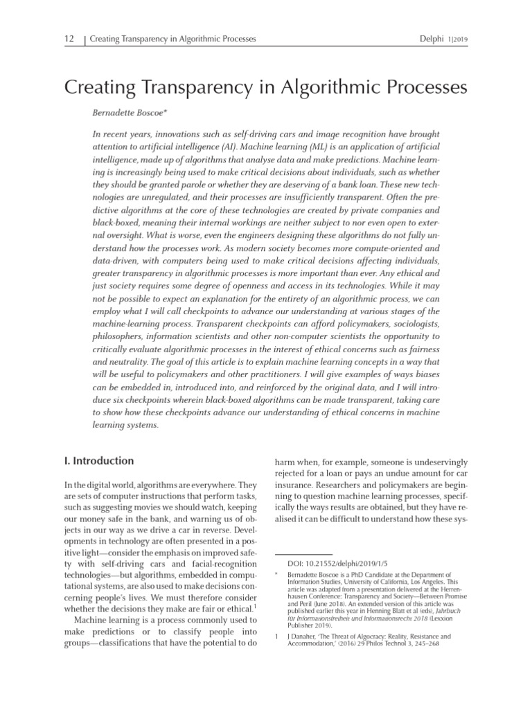 Creating Transparency in Algorithmic Processes Checkpoints | PDF ...