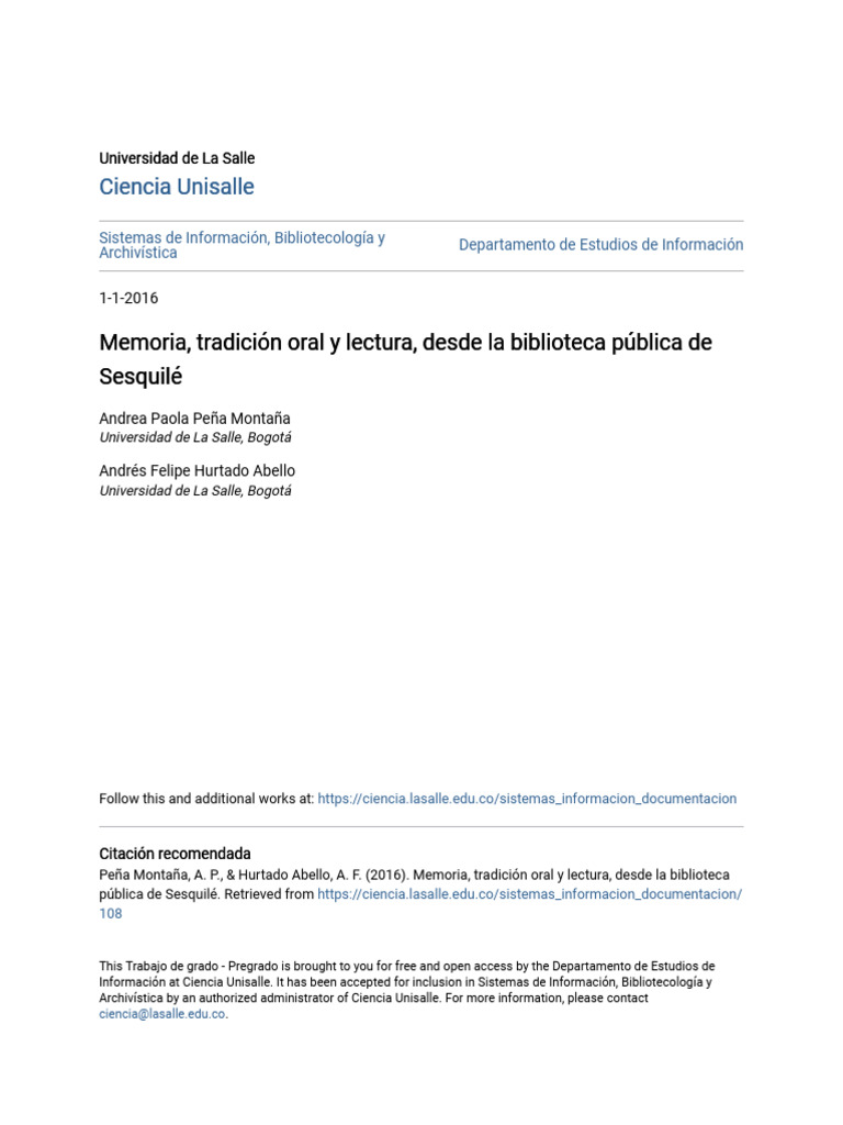 Memoria Tradición Oral y Lectura Desde La Biblioteca Pública de | PDF | Bibliotecas | Biblioteca ...