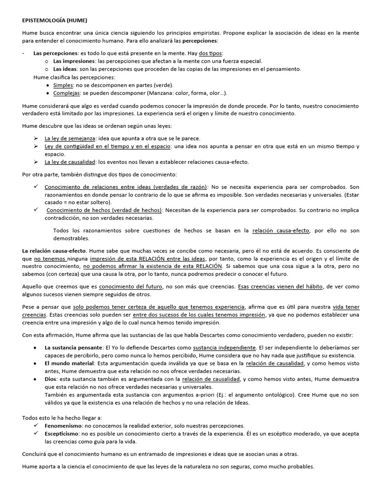 Hume Resúmenes EVAU 2º Bachillerato | PDF | David Hume | Conocimiento