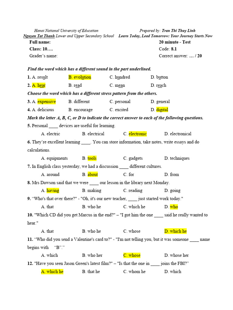 20 Minute - Test No.1 - KEY | PDF | Human Communication