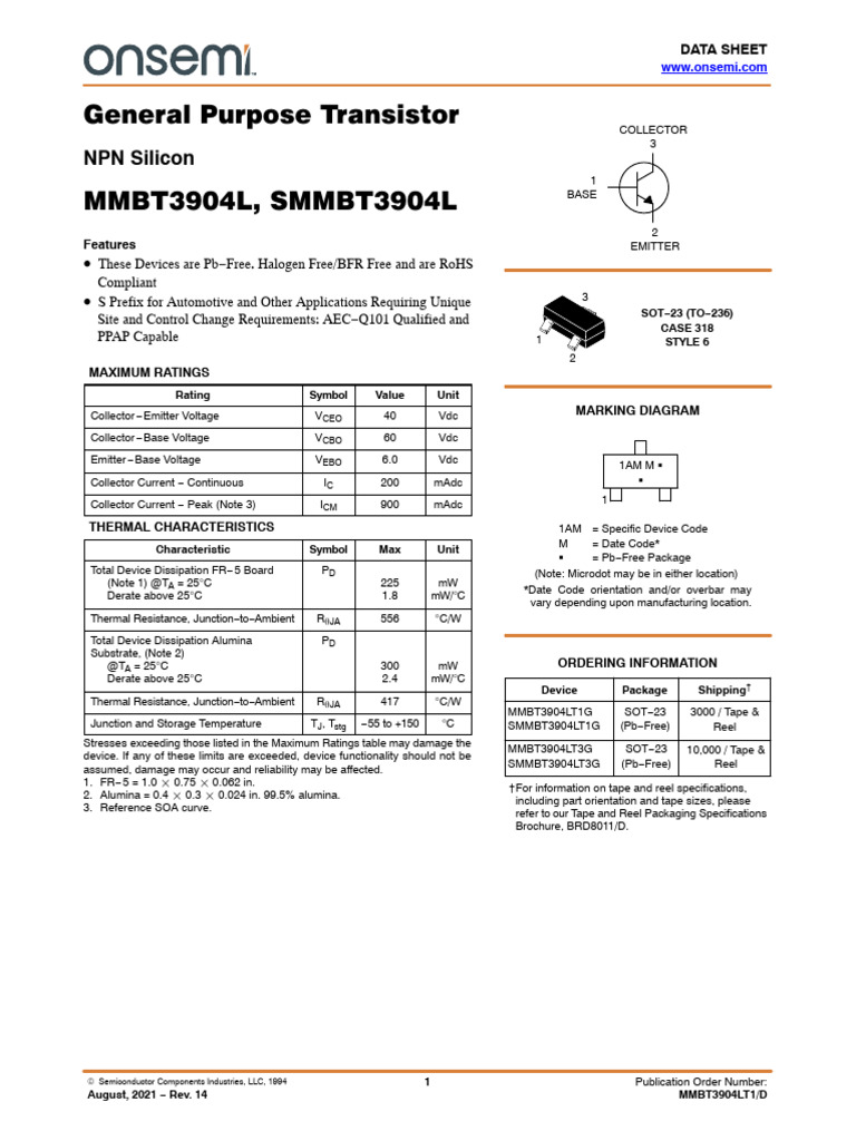 MMBT3904L NPN Transistor Data Sheet | PDF | Bipolar Junction Transistor ...