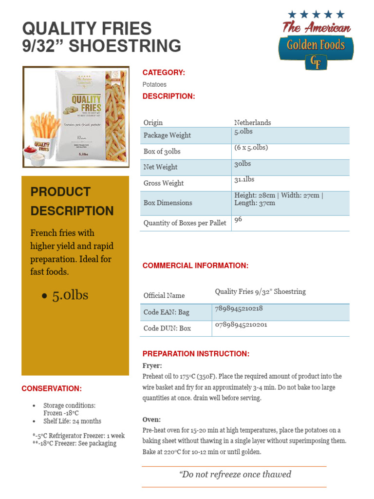The American Golden Foods Quality Fries Shoestring | PDF | French Fries ...