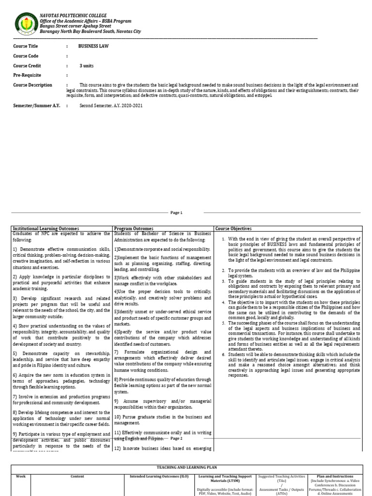 Business Law Course Syllabus | PDF | Learning | Critical Thinking