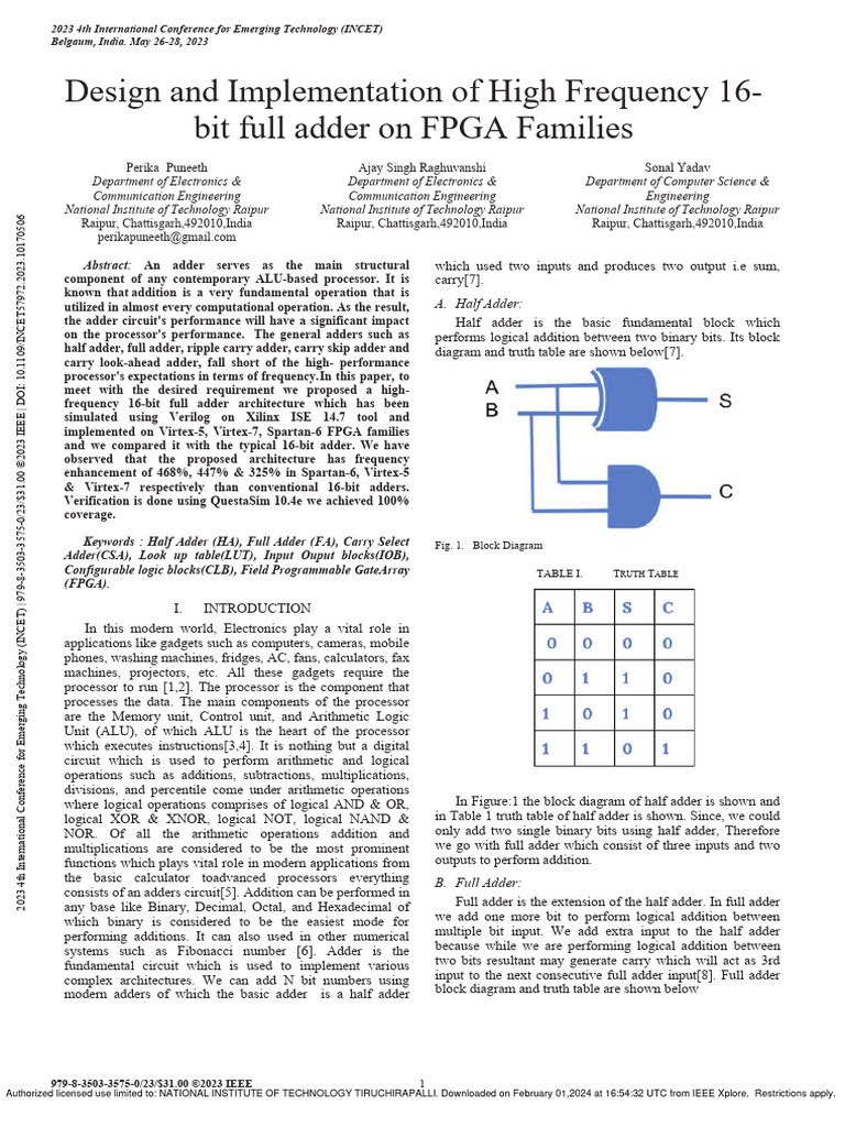 Design and Implementation of High Frequency 16-Bit Full Adder On FPGA ...