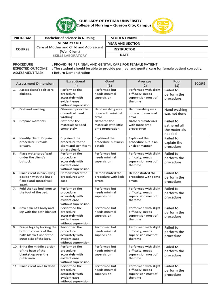 Ncma217 SL Rubrics Providing Perineal and Genital Care For Female ...