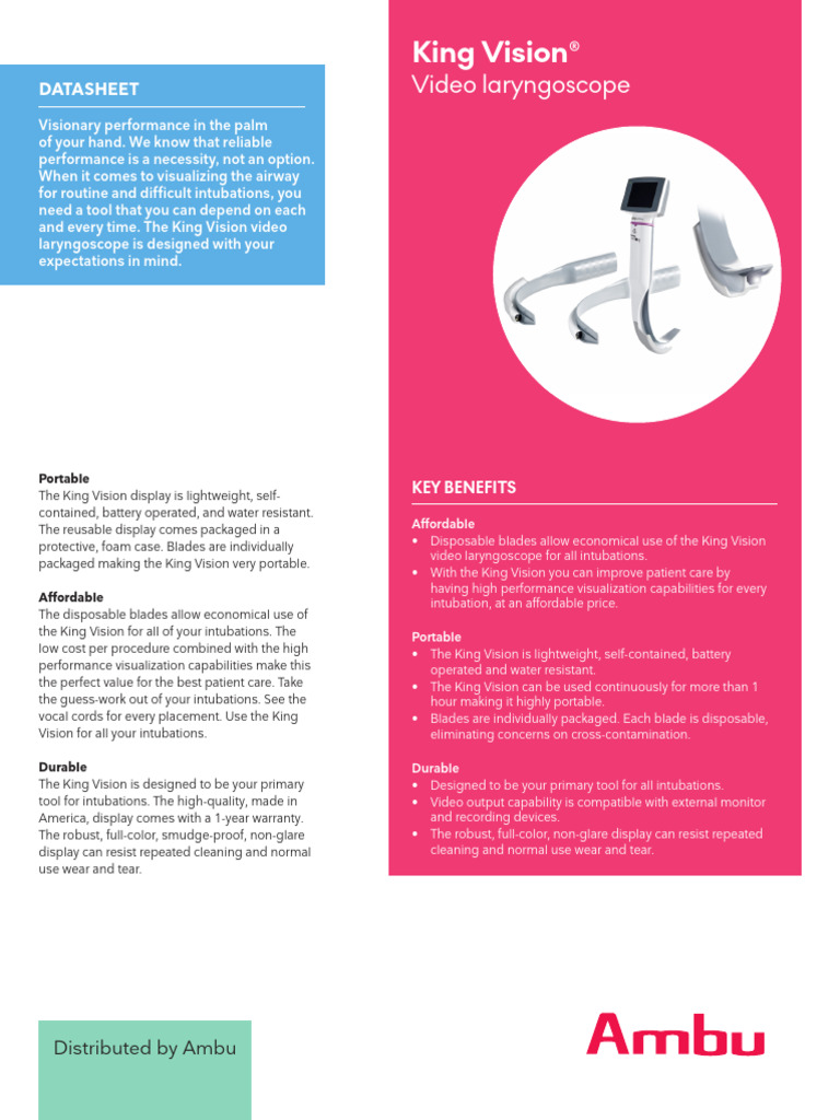 King Vision Video Laryngoscope Datasheet | PDF | Equipment | Manufactured Goods