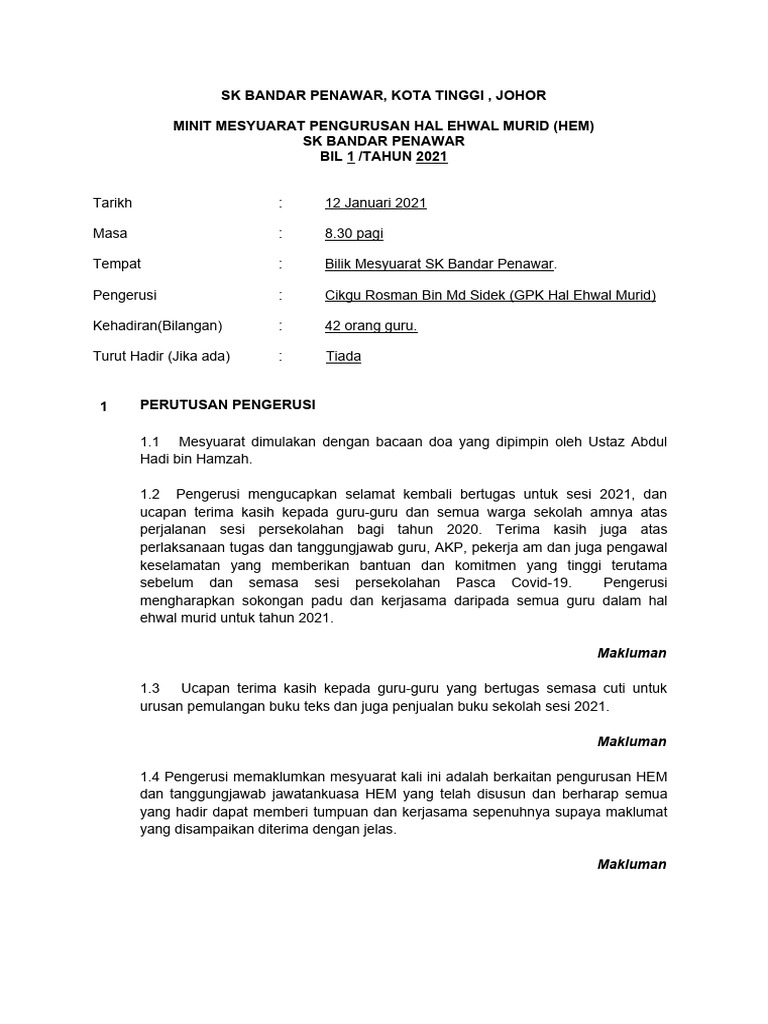 Minit Hem 2021 Bil 1 | PDF