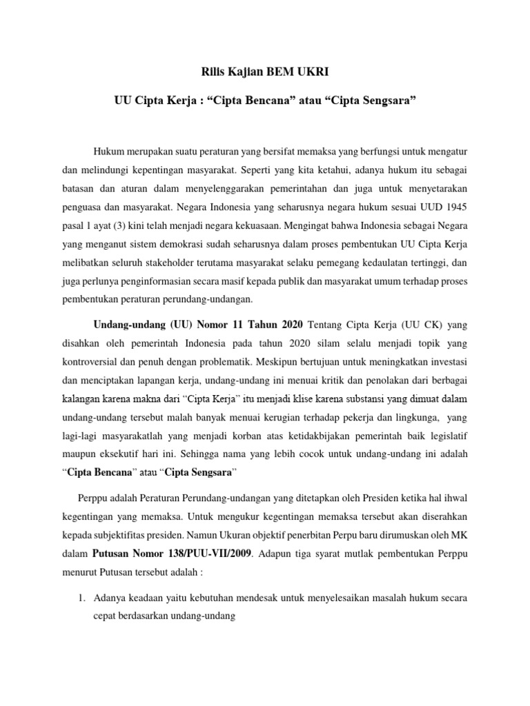 Rilis Kajian BEM UKRI (Cipta Kerja) | PDF | Hukum