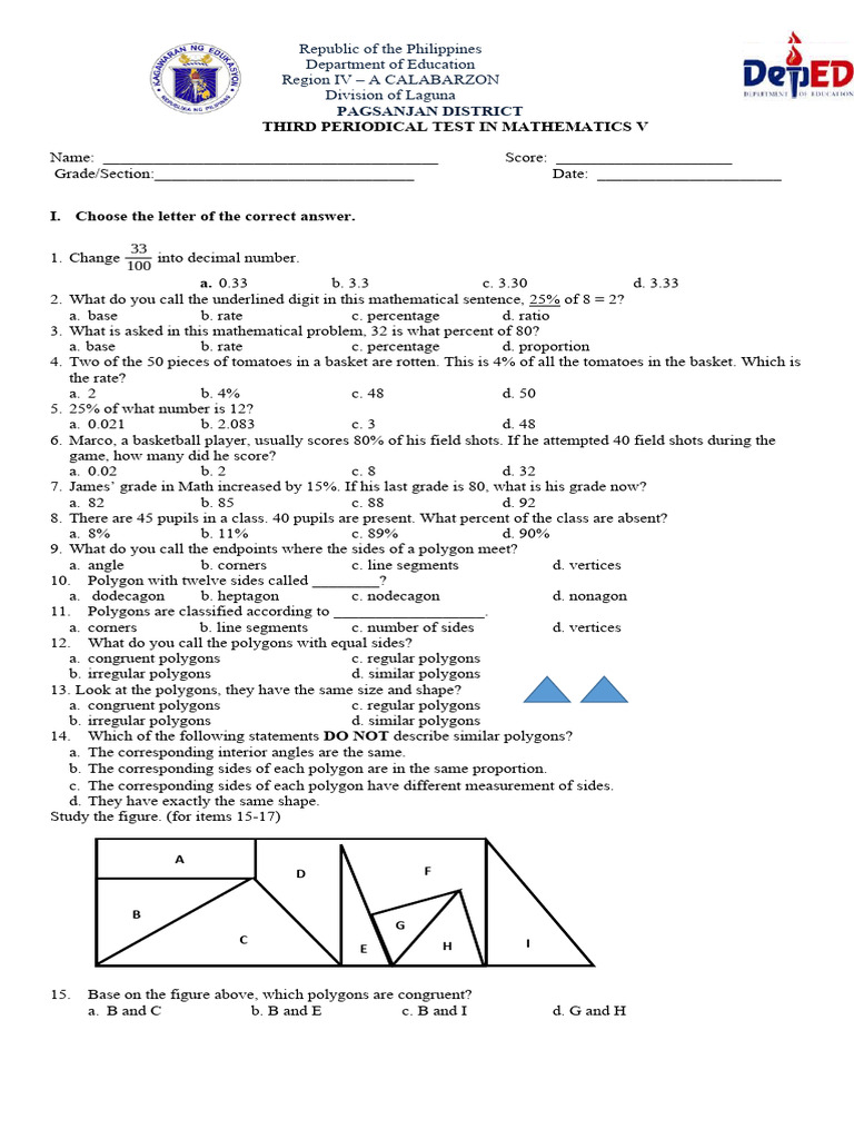 Grade 5 Third Periodical Test in Mathematics | PDF | Shape | Polygon