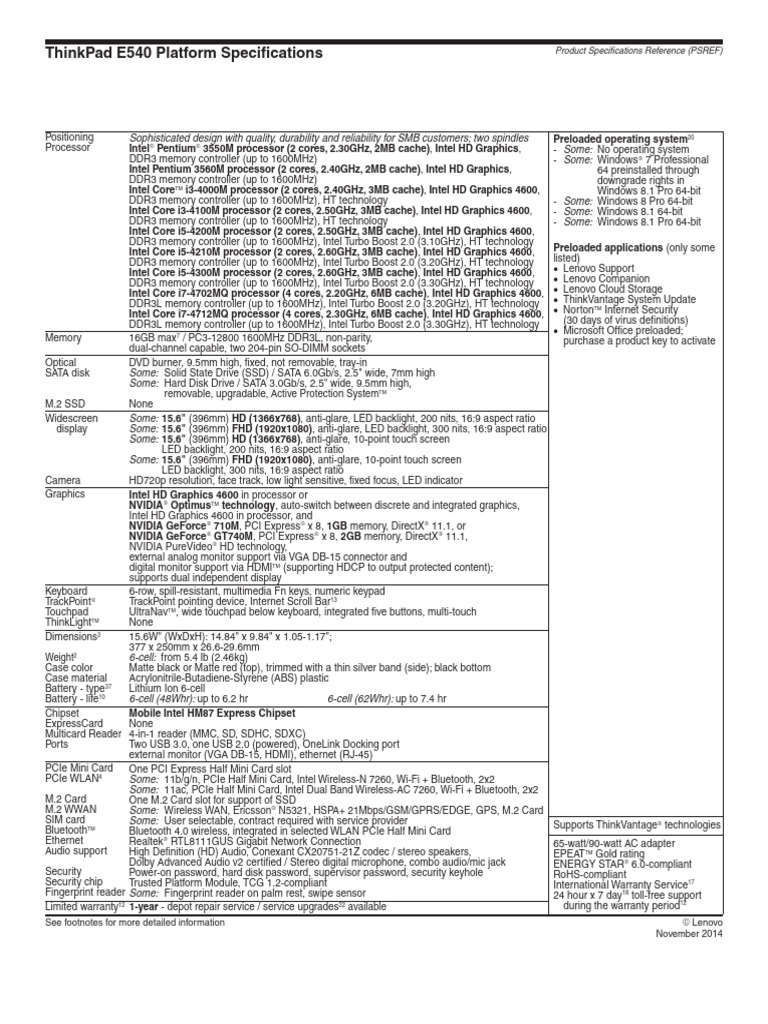 Lenovo ThinkPad E540 Specs | PDF | Intel | Computer Engineering