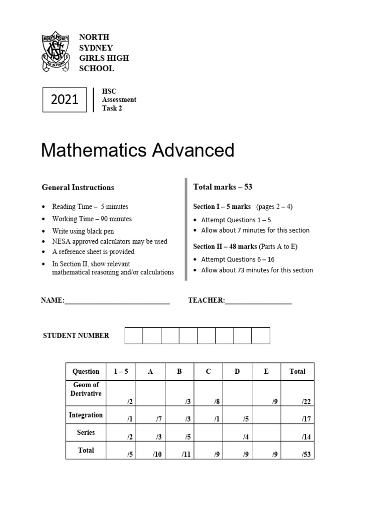 NSGHS HSC 2021 Adv Task2 | PDF | Mathematical Concepts | Mathematical ...